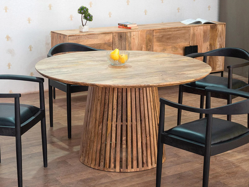 Vodro Natural Mango Wood Round Dining Set – Modern Style Wooden Dining ...